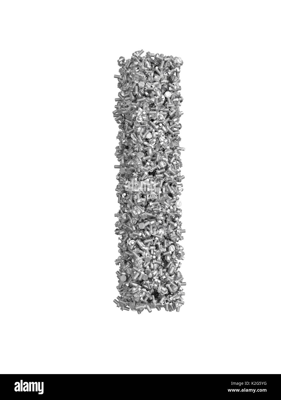 3D render of silver or grey alphabet make from bolts. Big letter I with ...