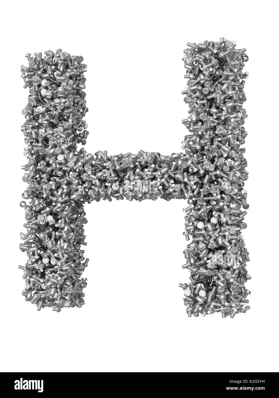 3D render of silver or grey alphabet make from bolts. Big letter H with ...