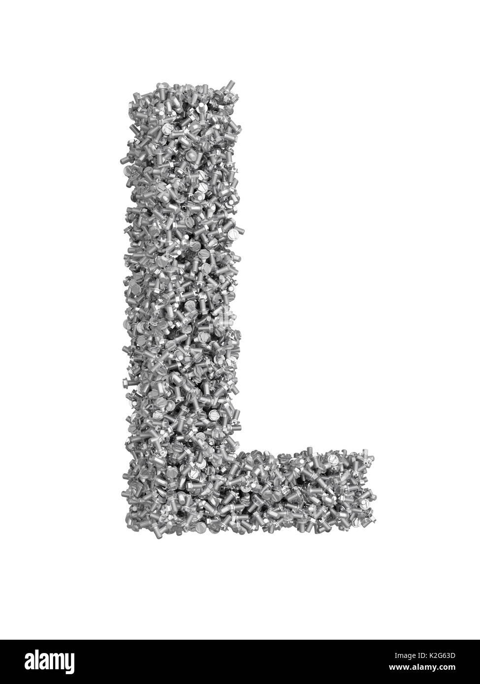 3D render of silver or grey alphabet make from bolts. Big letter L with ...