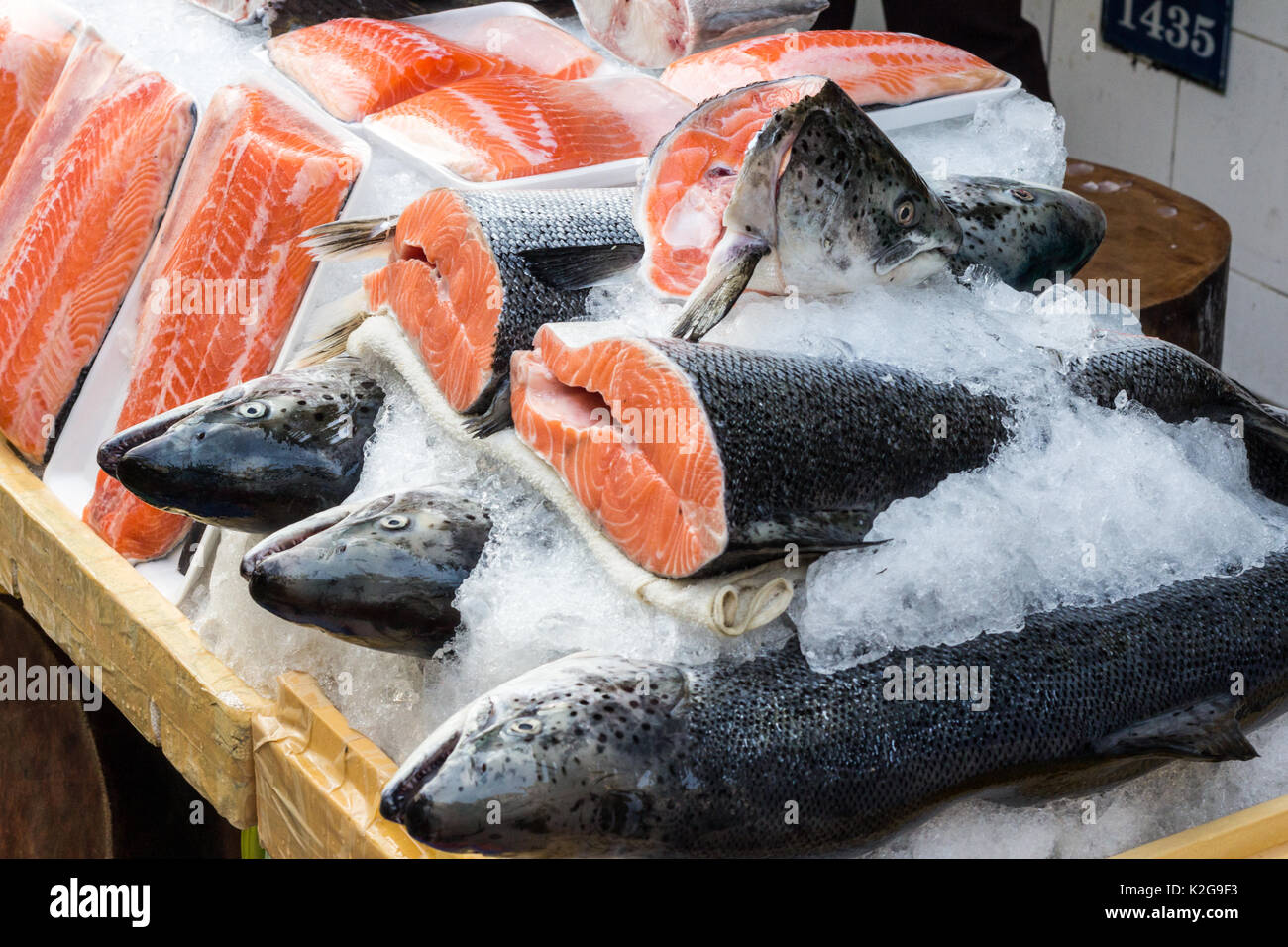 Fresh salmon on ice fish market, Ho Chi Minh City (Saigon), Vietnam ...