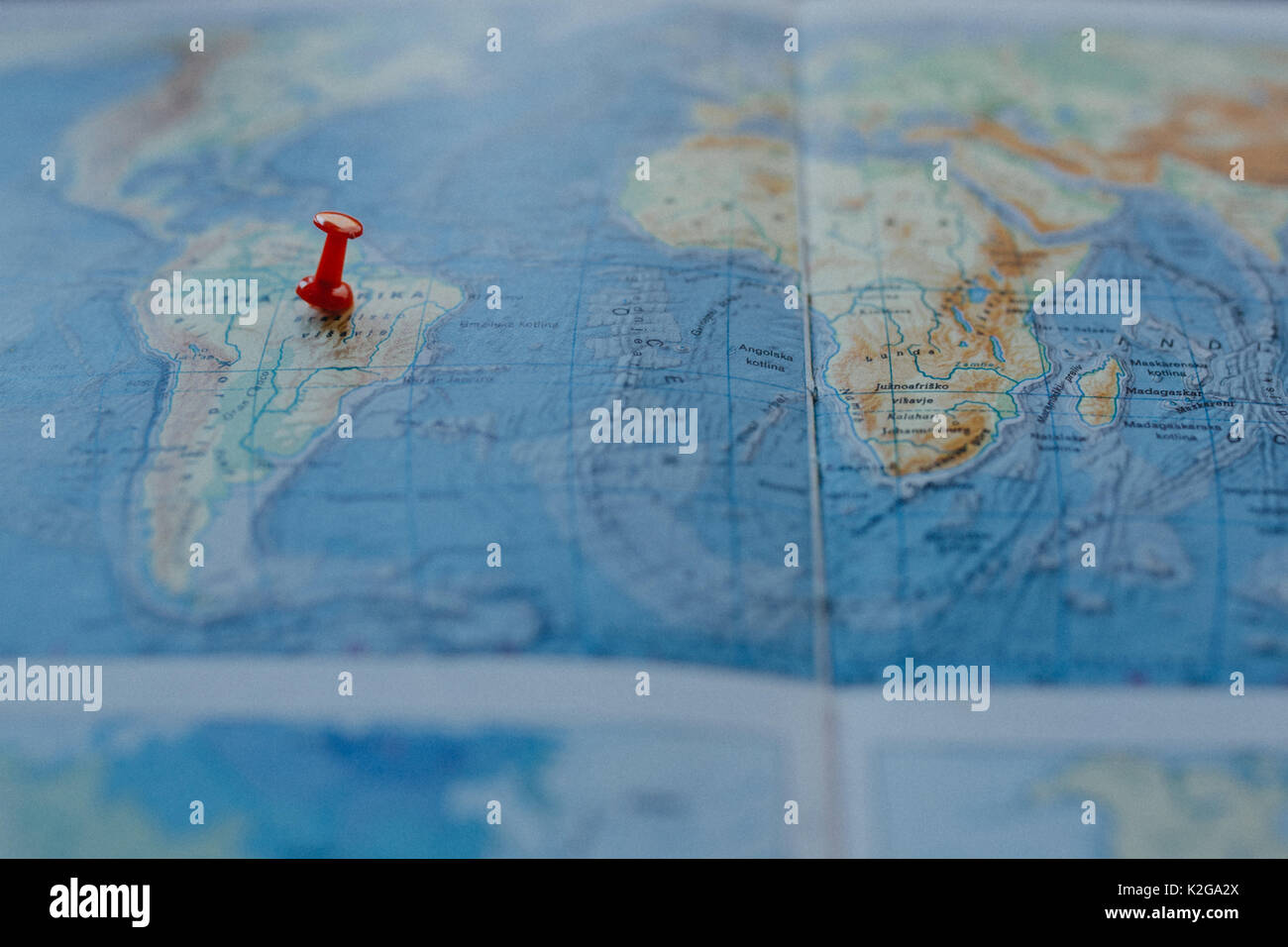 red pin on the map and travel destination south america Stock Photo - Alamy