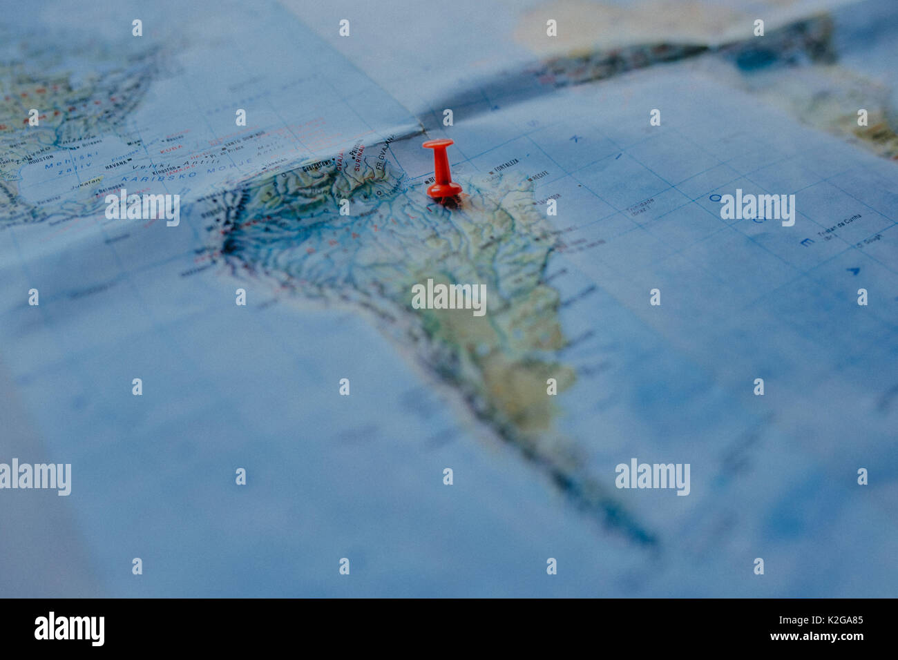 red pin on the map and travel destination south america Stock Photo - Alamy