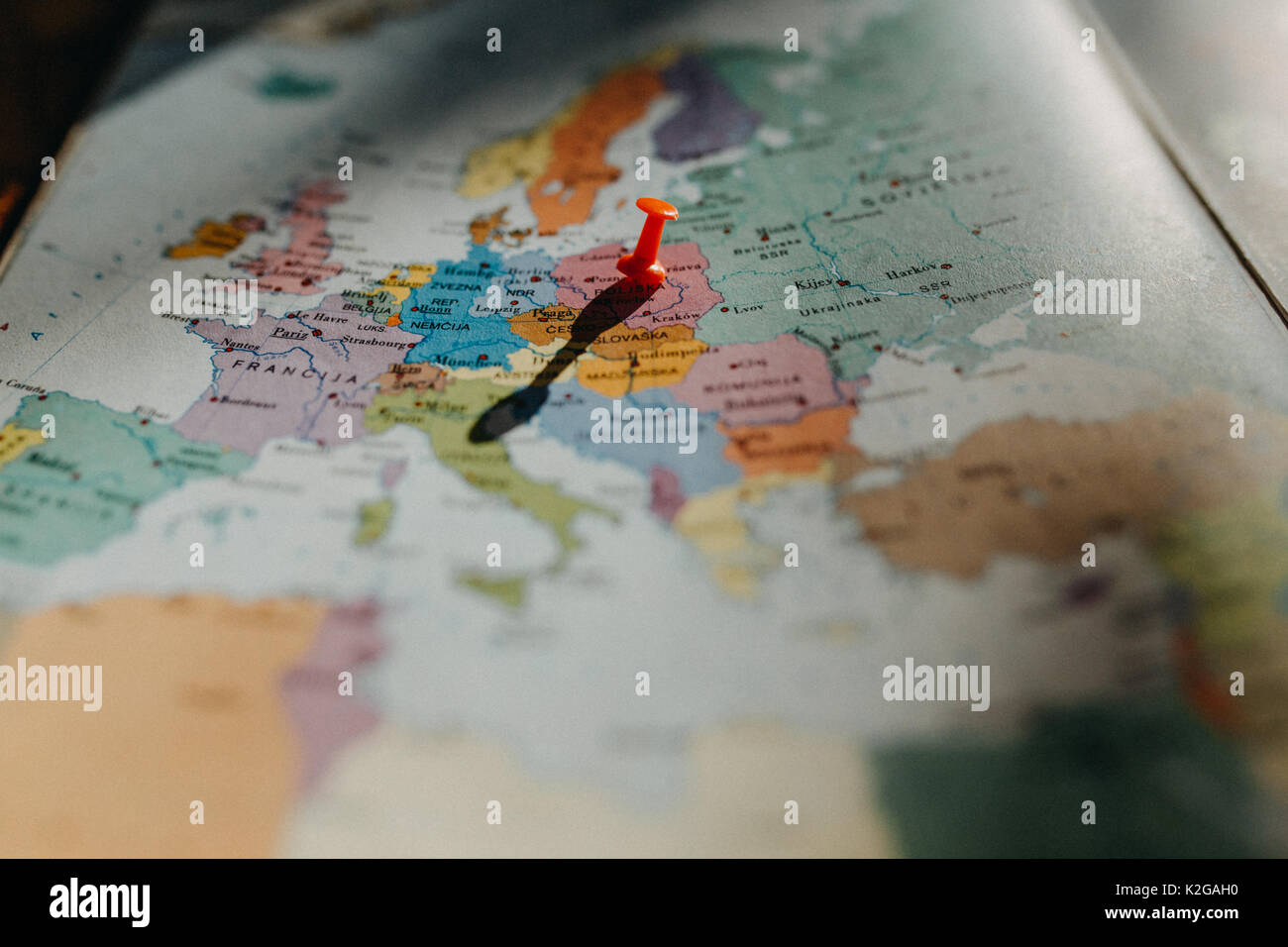 red pin on the map and travel destination europe Stock Photo - Alamy