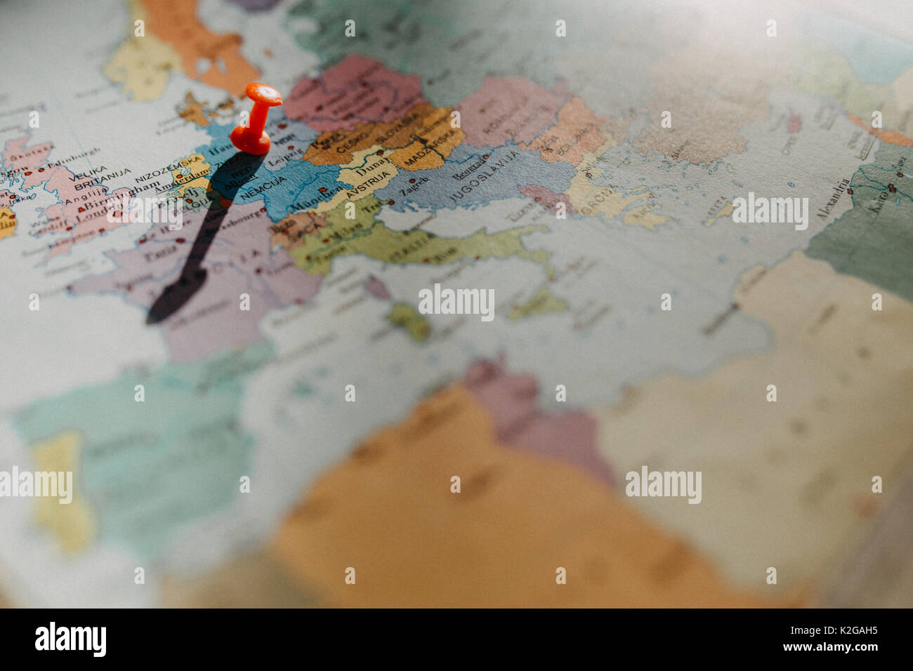 red pin on the map and travel destination europe Stock Photo - Alamy
