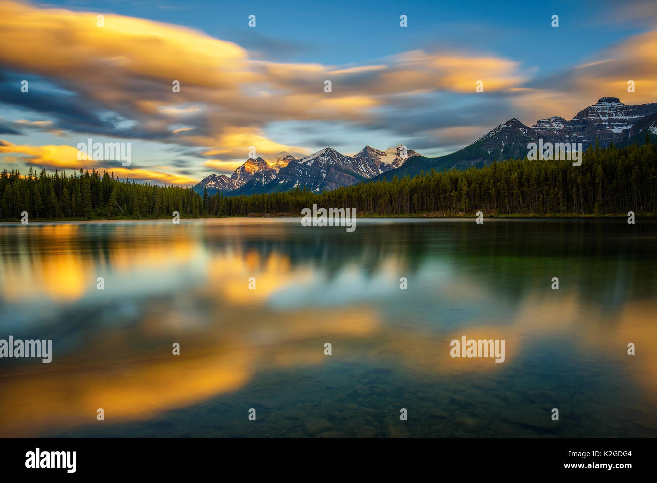 Scenic sunset over Herbert Lake along the roadside of the Icefields ...