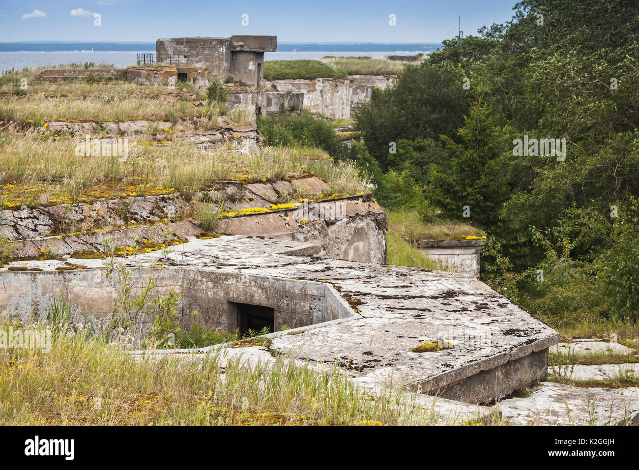 Old abandoned concrete bunkers system from WWII period on Totleben fort ...