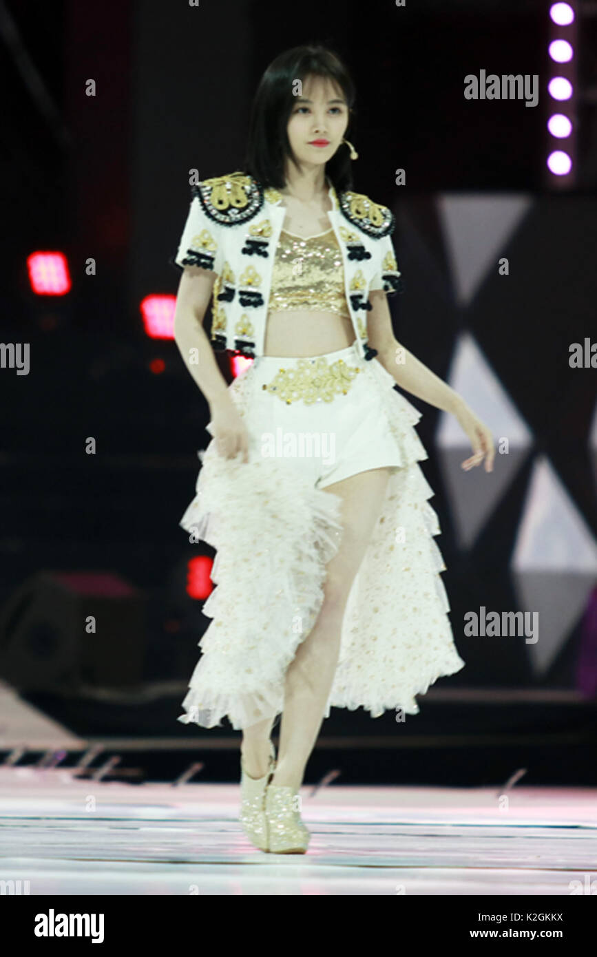 Ju Jingyi of Chinese girl group SNH48 performs during the final of the Fourth SNH48 Idols Annual ...