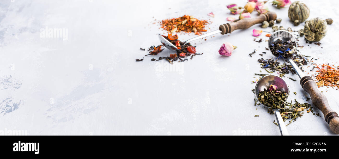 Background with different types of tea leaves Stock Photo - Alamy