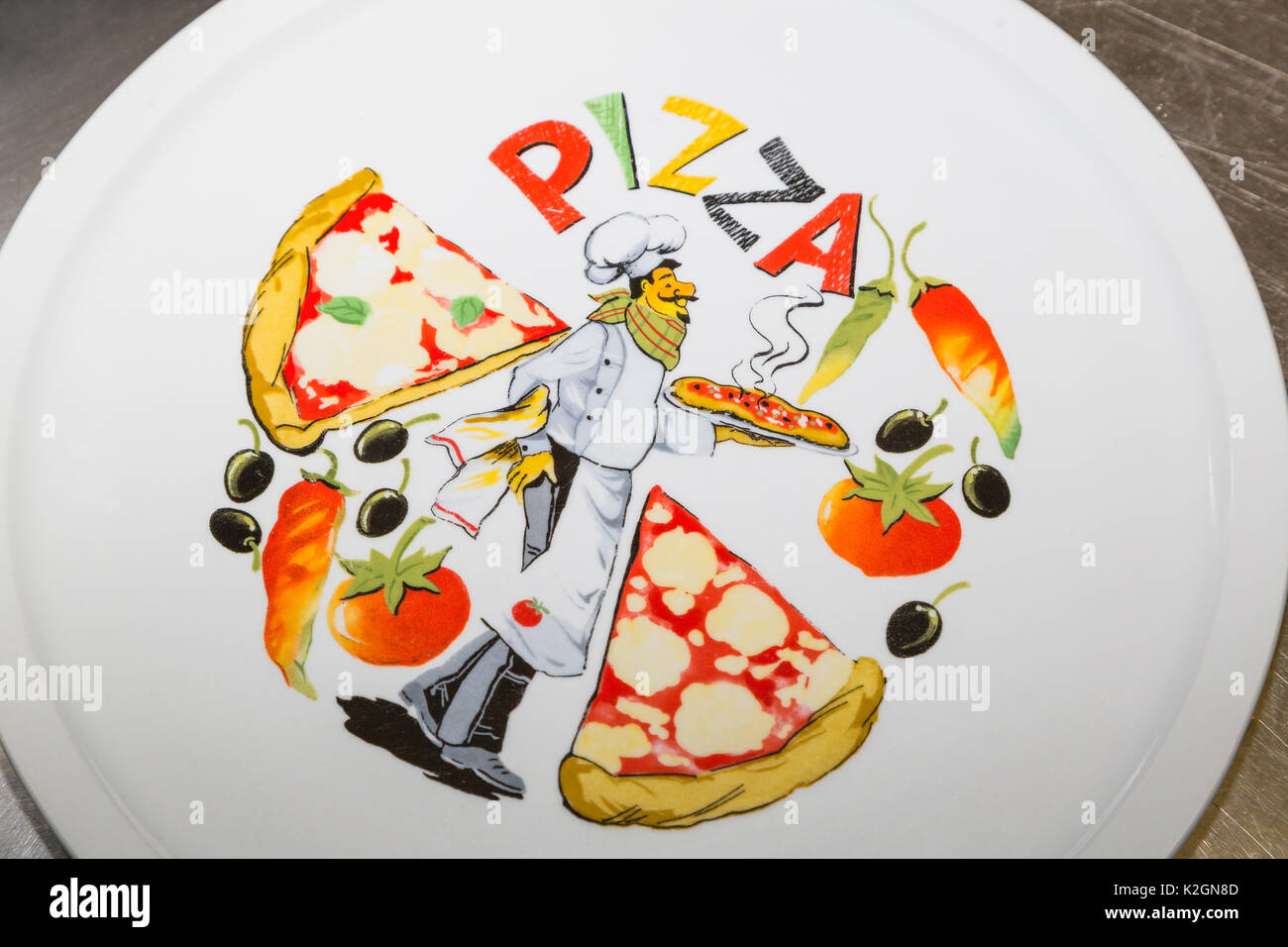 A ceramic white tray for serving pizza with a painted picture of pizza ...