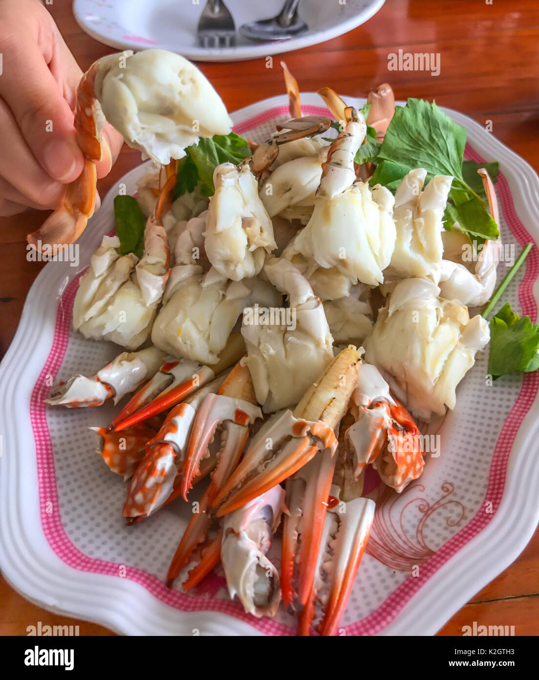 Closeup steamed crab meat, scabbard or paddle-leg, Thai Asian seafood ...