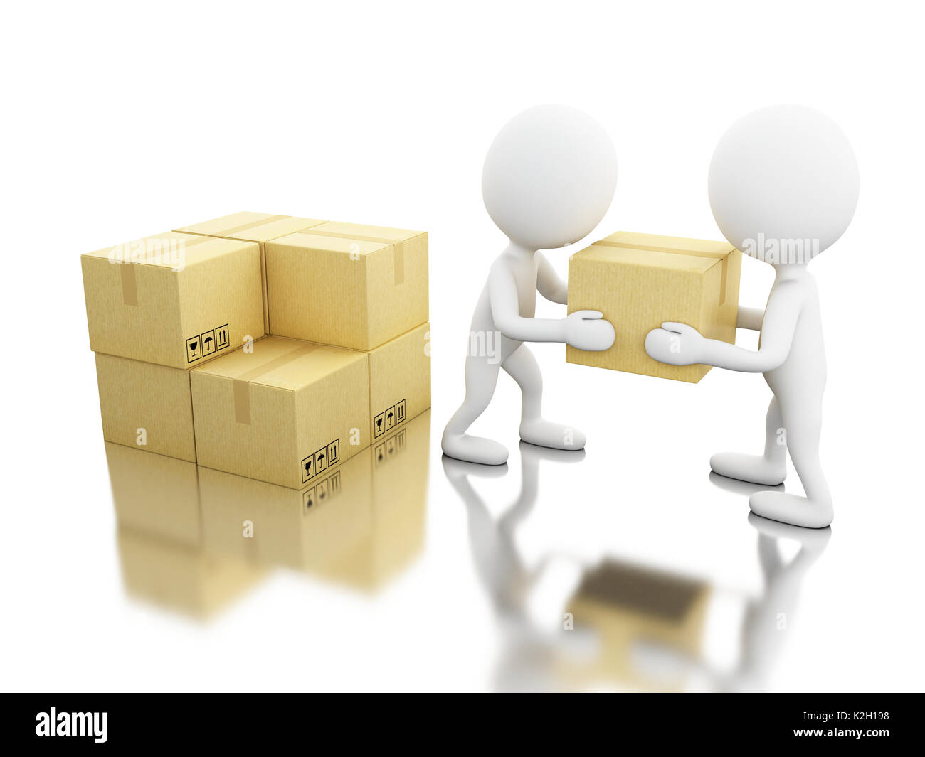 3d illustration. White people unload cardboard boxes. Delivery concept ...