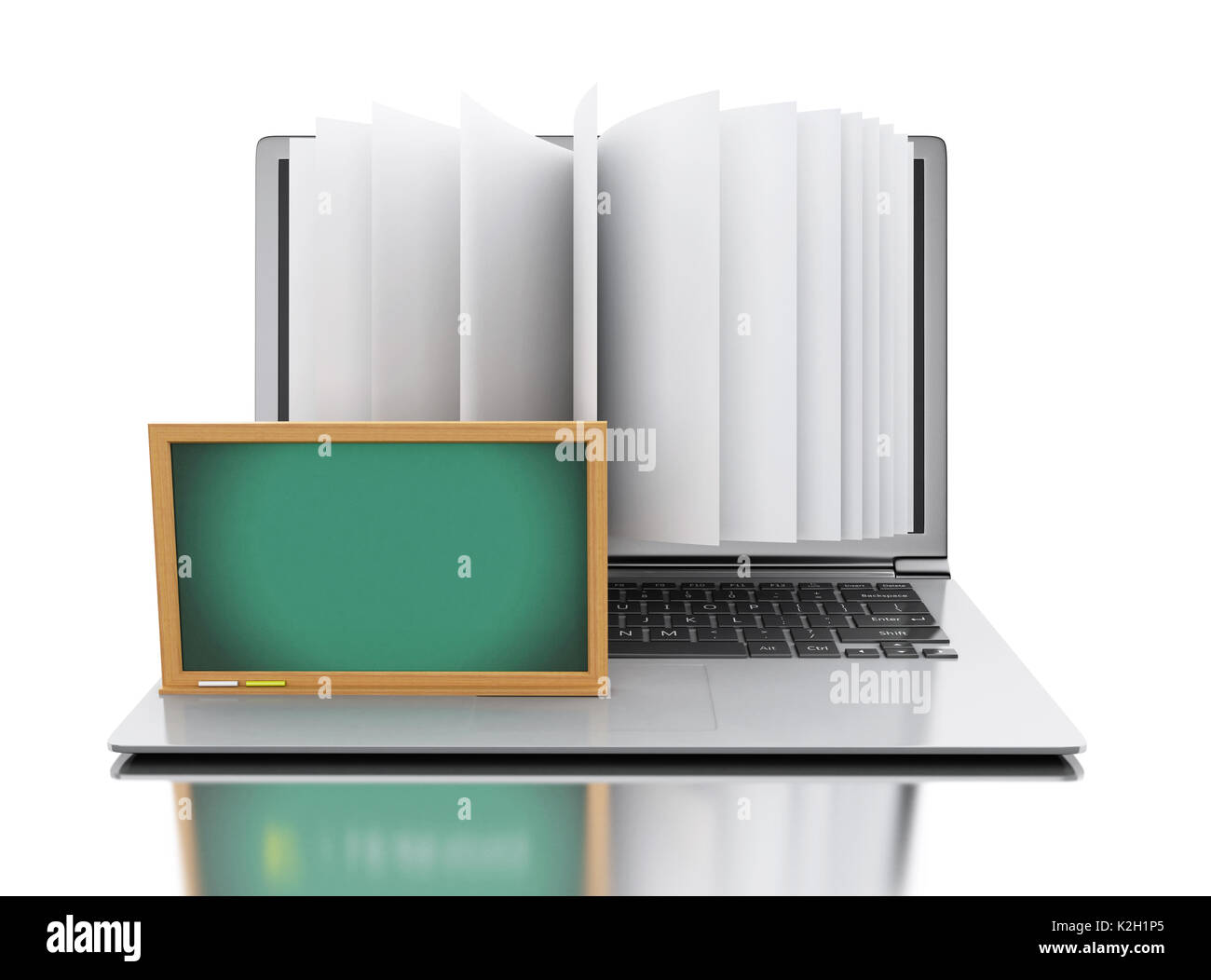 3d illustration. Laptop computer with book pages and empty blackboard ...