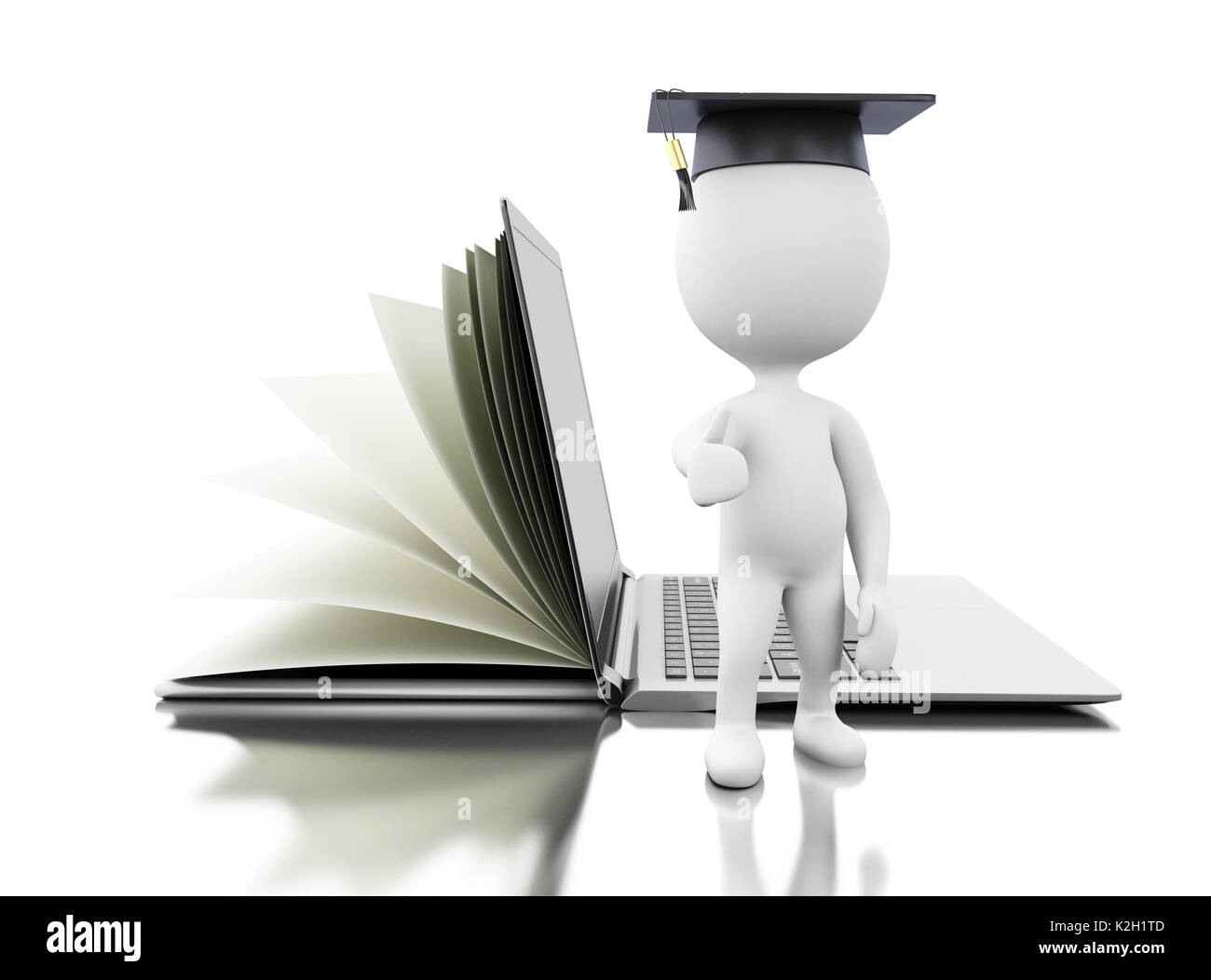 3d illustration. Open book turns into an open laptop with white people ...