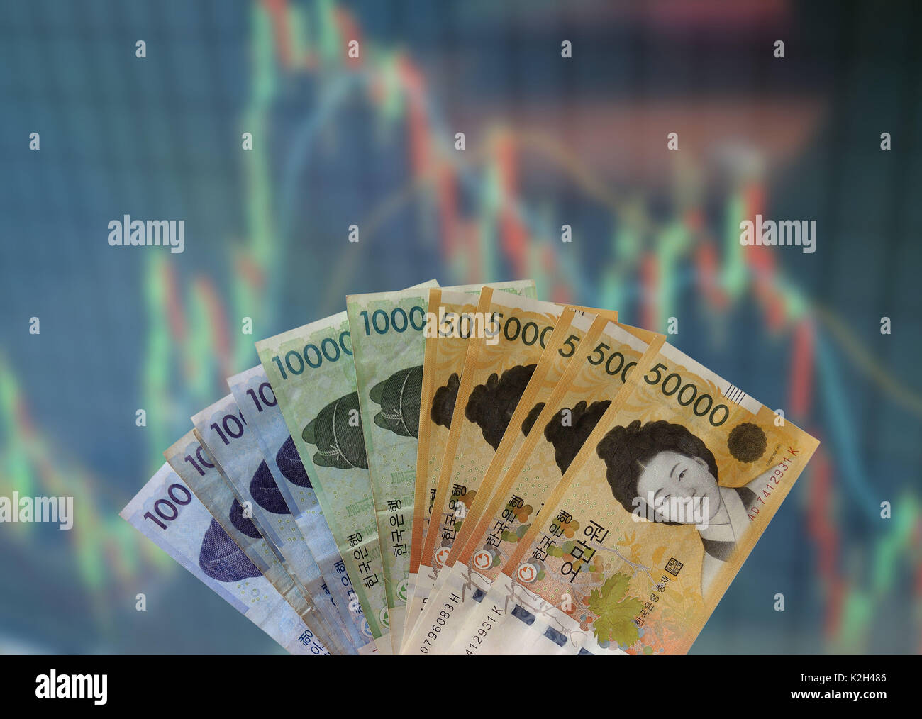Korean money with stock market graph background. Market risk, profit ...