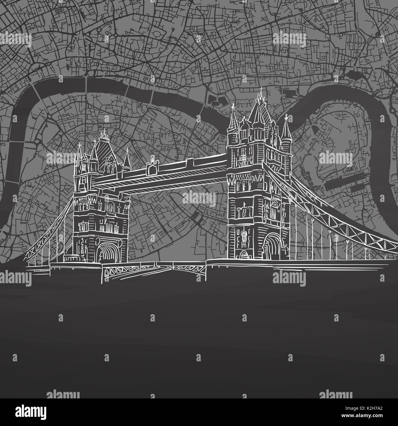 London map and Tower bridge on chalkboard, handdrawn vector sketch ...