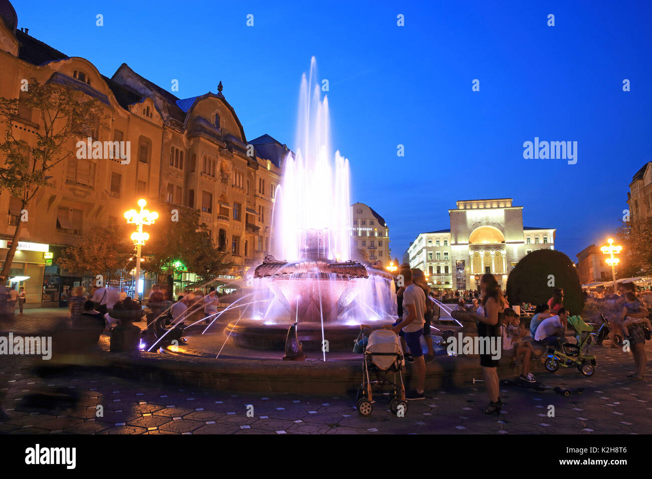 The coloured fountains on Victory Square, with the Opera House behind ...