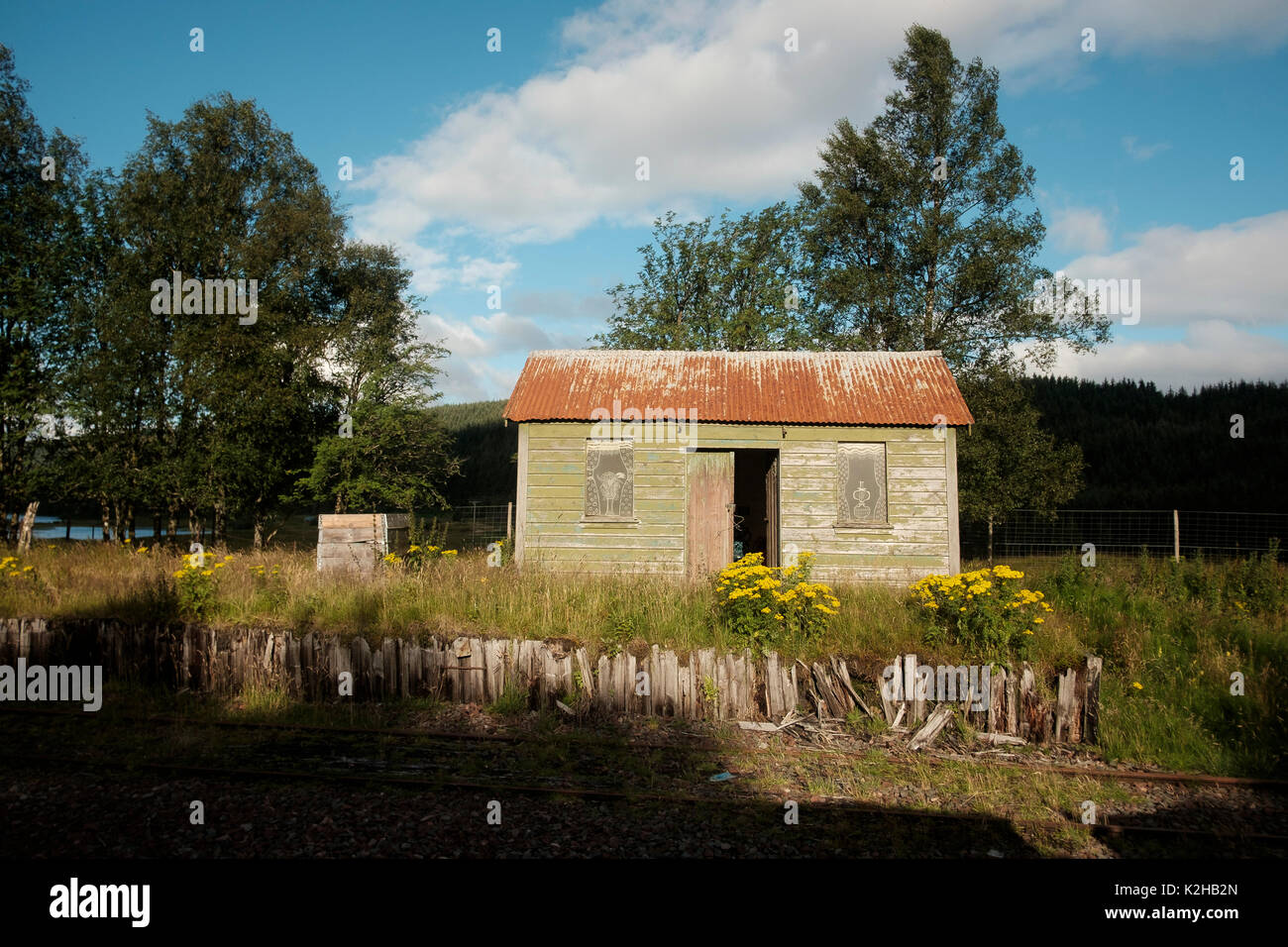 An old wooden railway hut at Rannoch station on the West Highland line ...