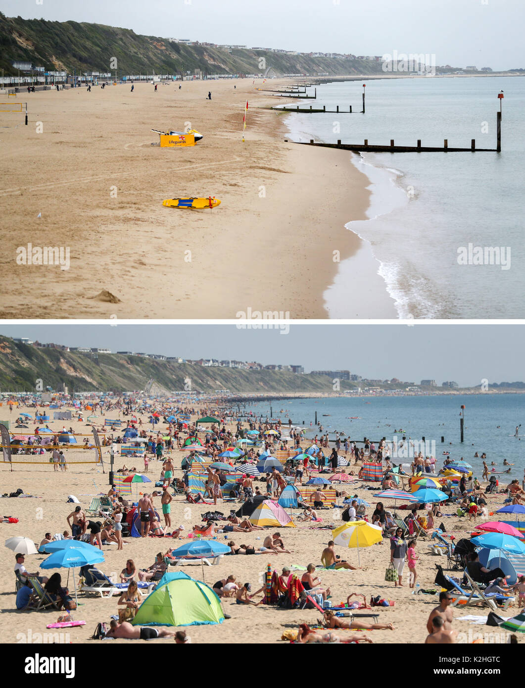 A deserted Boscombe beach in Dorset today (top image), compared with ...