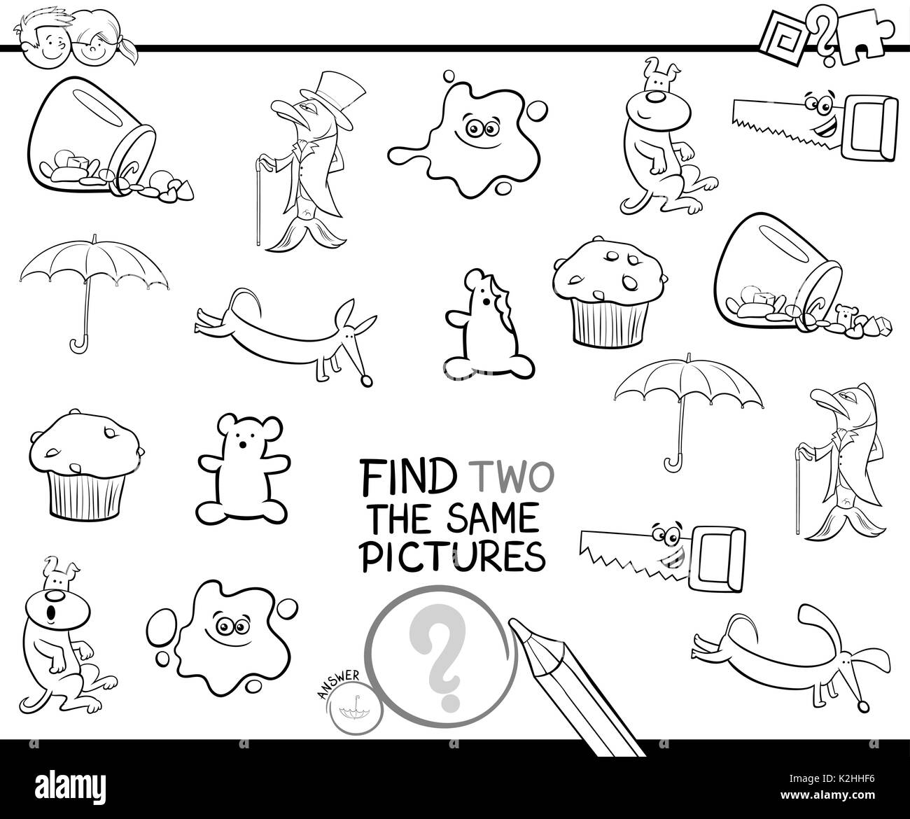 Black and White Cartoon Illustration of Finding Two The Same Pictures ...