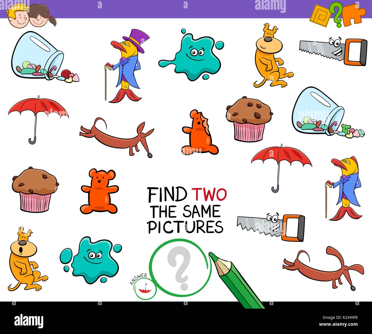 Cartoon Illustration of Finding Two The Same Pictures Educational ...