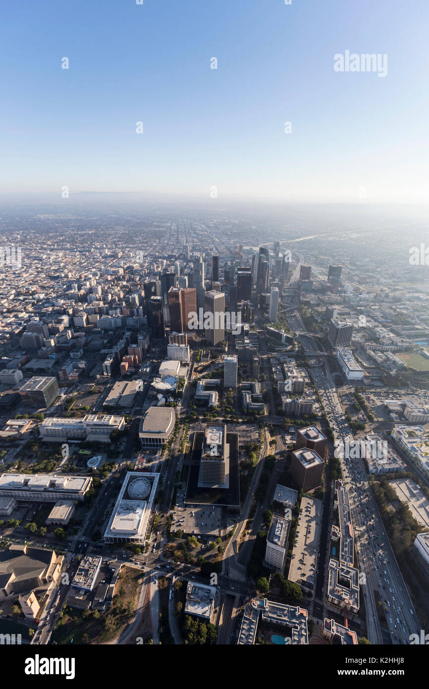 Los Angeles aerial view of urban downtown buildings, freeways and ...