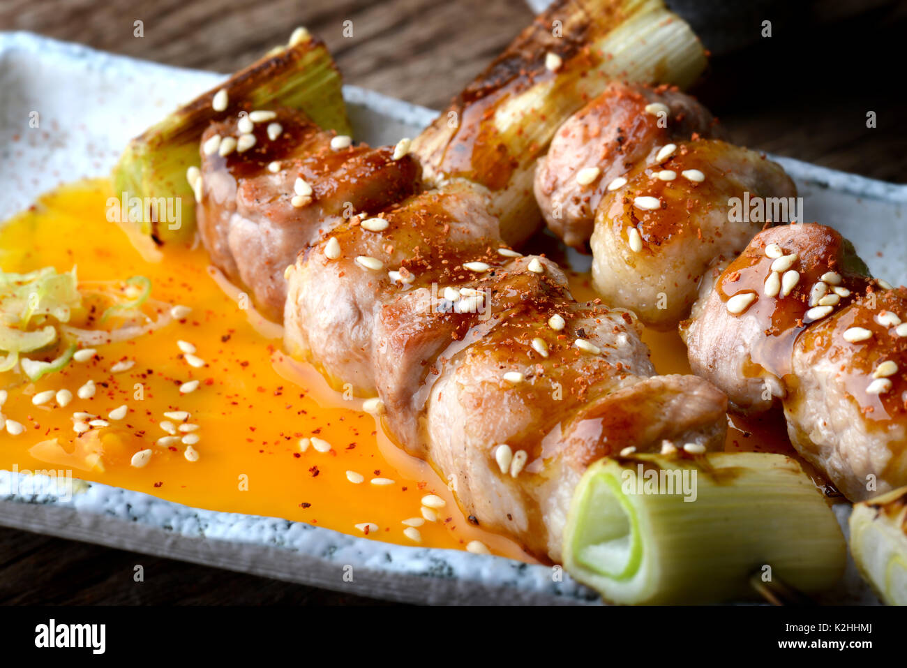Butabara yakitori or Japanese bacon pork grill with salt and sauce ...