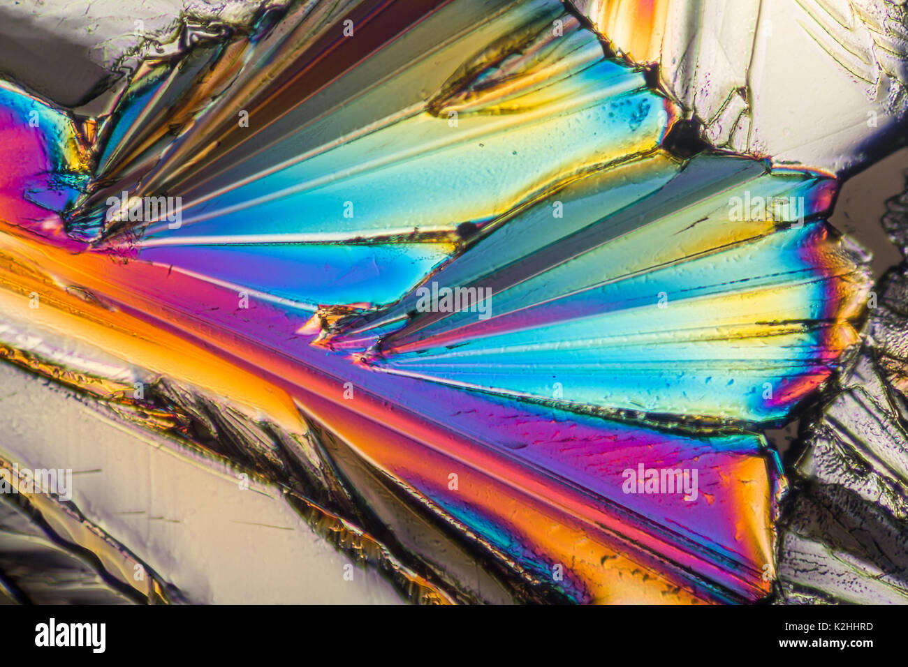 colorful microscopic shot of sugar micro crystals in polarized light ...
