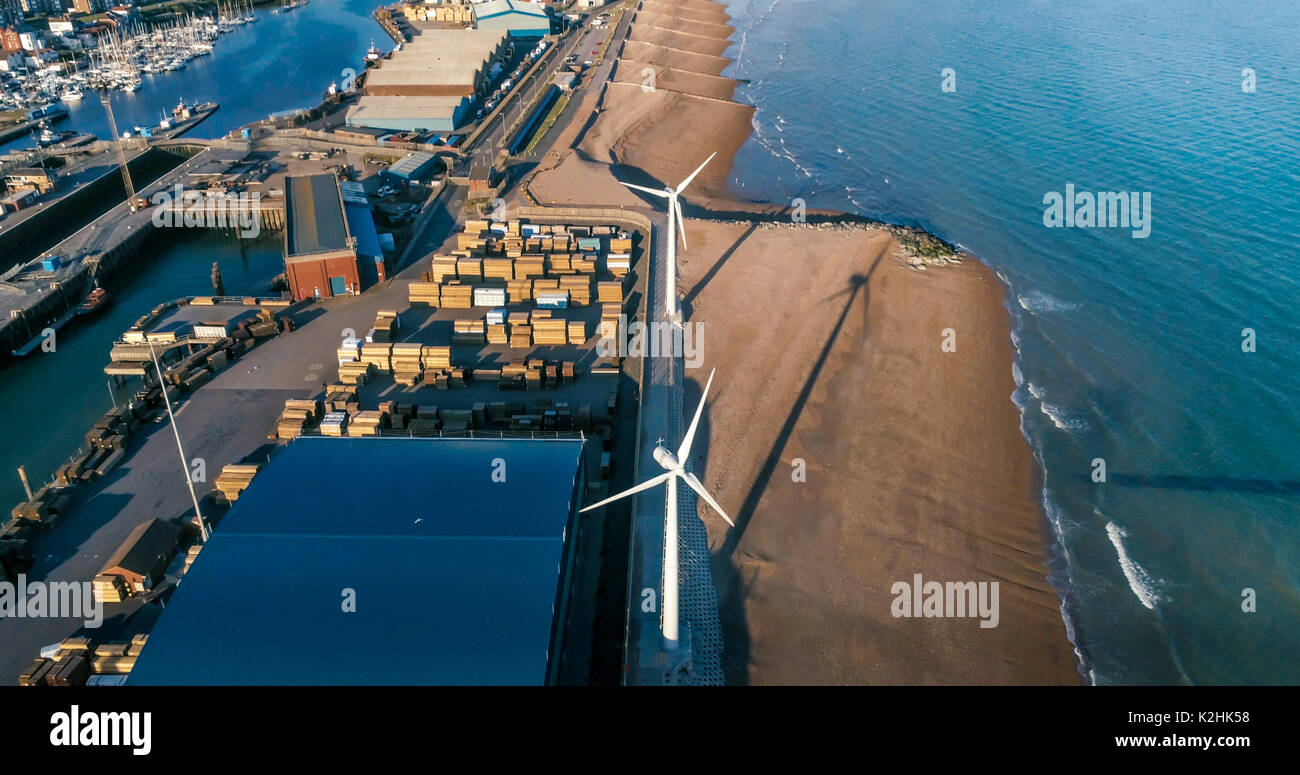 Aerial view of a wind turbines on the beach Stock Photo - Alamy