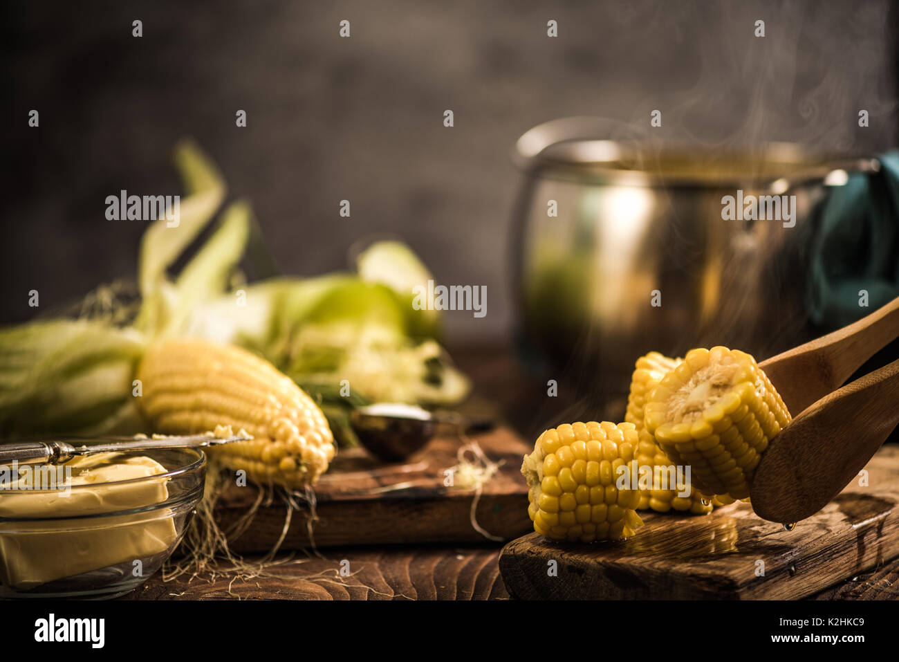 Hot corn on the cob with butter, healthy autumn snack Stock Photo - Alamy