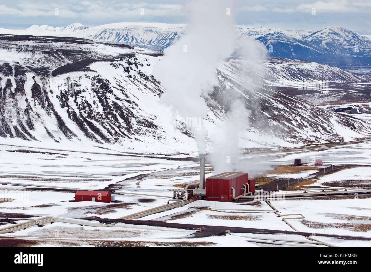 Krafla geothermal power plant near the Krafla Volcano and lake Mývatn ...