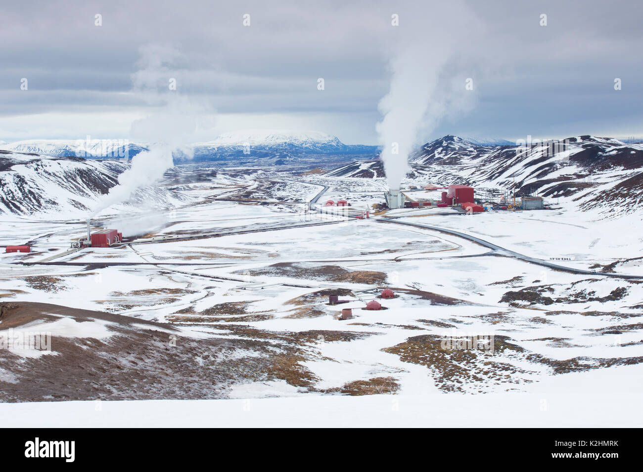 Krafla geothermal power plant near the Krafla Volcano and lake Mývatn ...