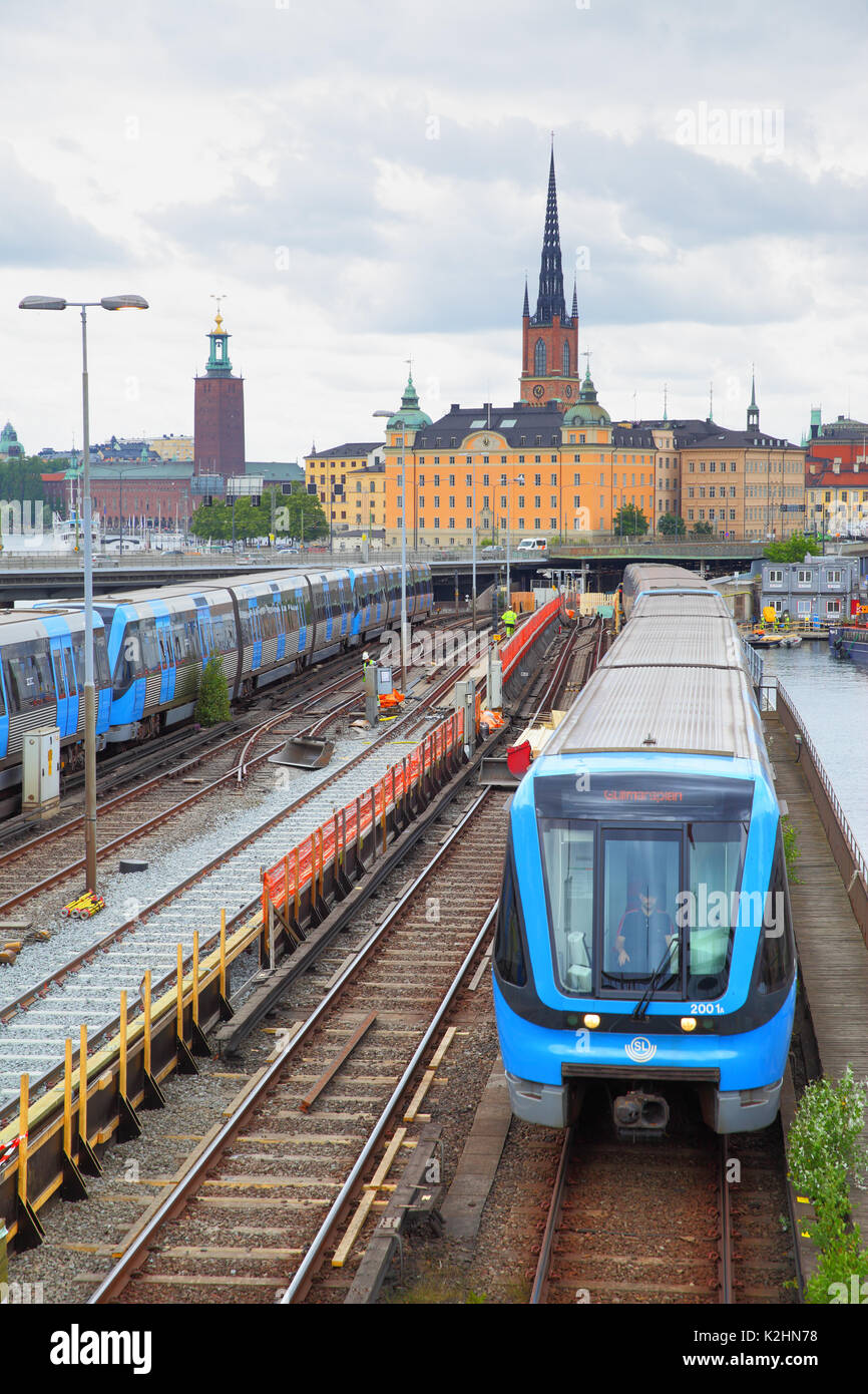 Stockholm, Sweden - July 25, 2017: Metro trains near Slussen station in ...