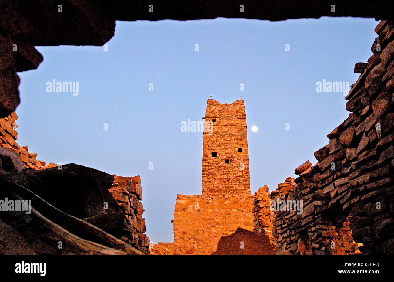 The mosque of Ouadane in the evening. Ksour, a UNESCO World Heritage ...