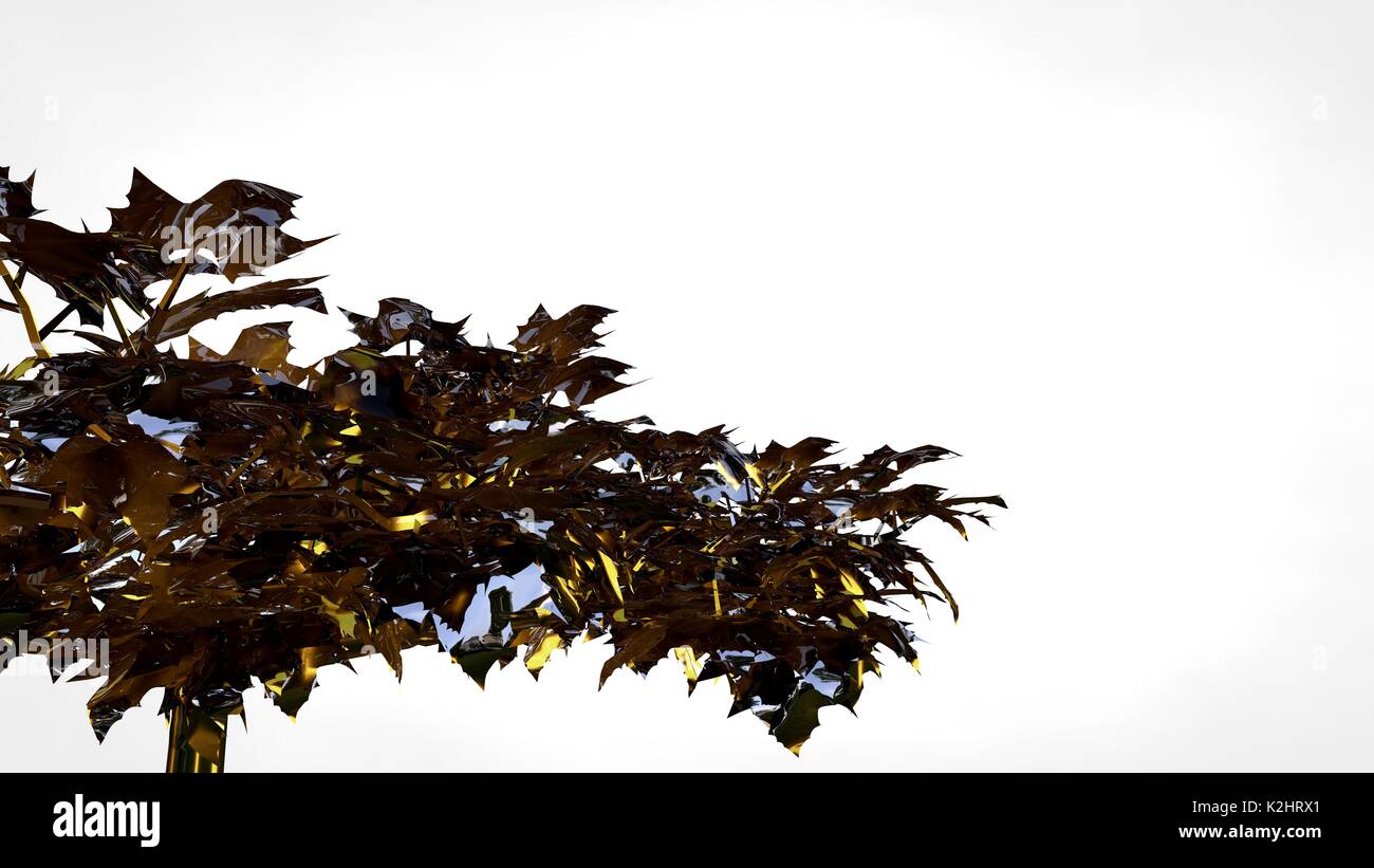 3d rendering of an abstract reflective golden tree on a white ...