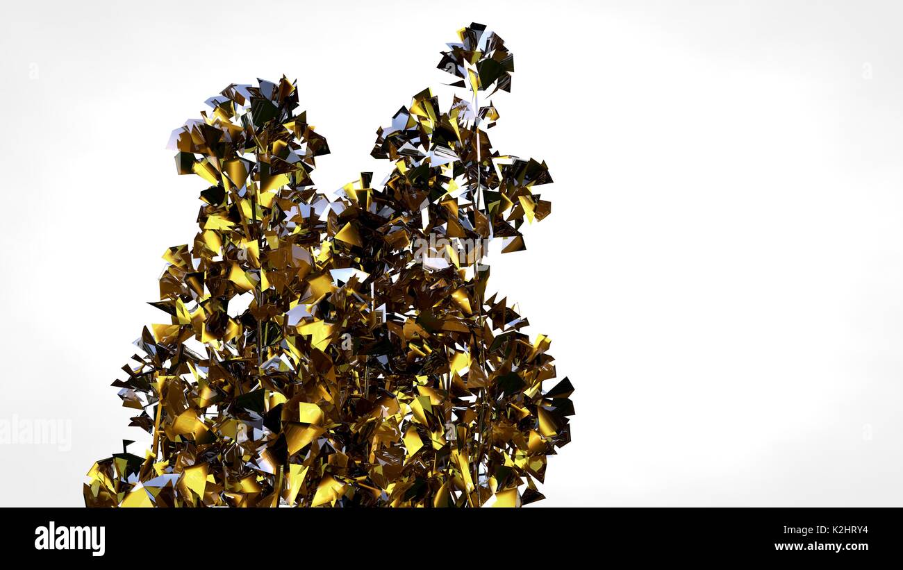 3d rendering of an abstract reflective golden tree on a white ...