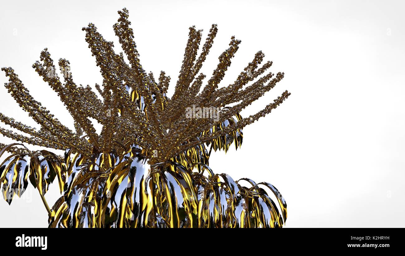 3d rendering of an abstract reflective golden tree on a white ...