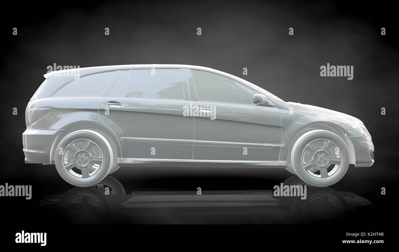3d rendering of a white reflective car on a dark black background Stock ...