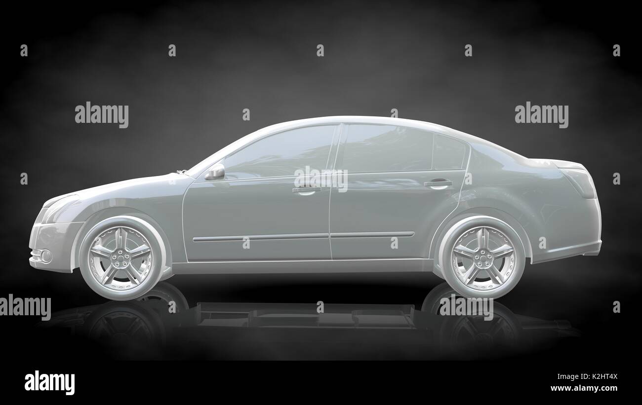 3d rendering of a white reflective car on a dark black background Stock ...