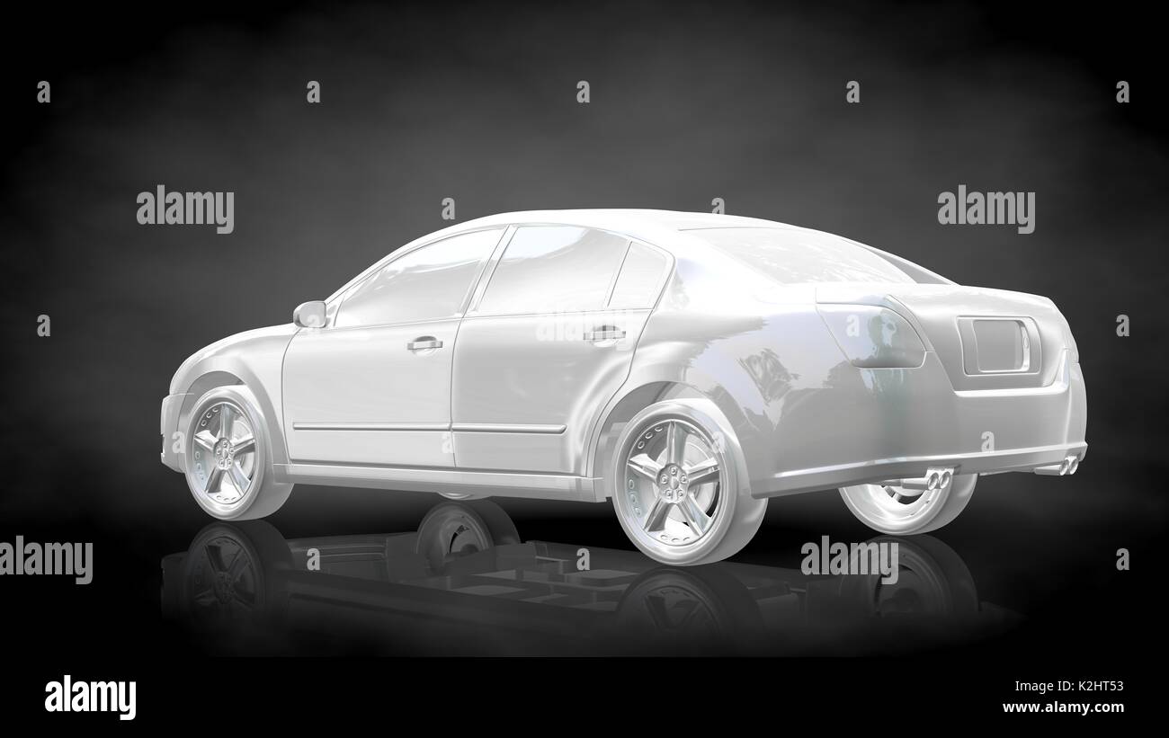 3d rendering of a white reflective car on a dark black background Stock ...