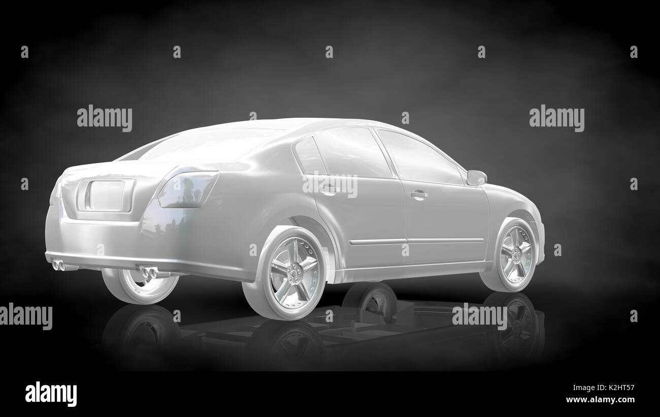 3d rendering of a white reflective car on a dark black background Stock ...