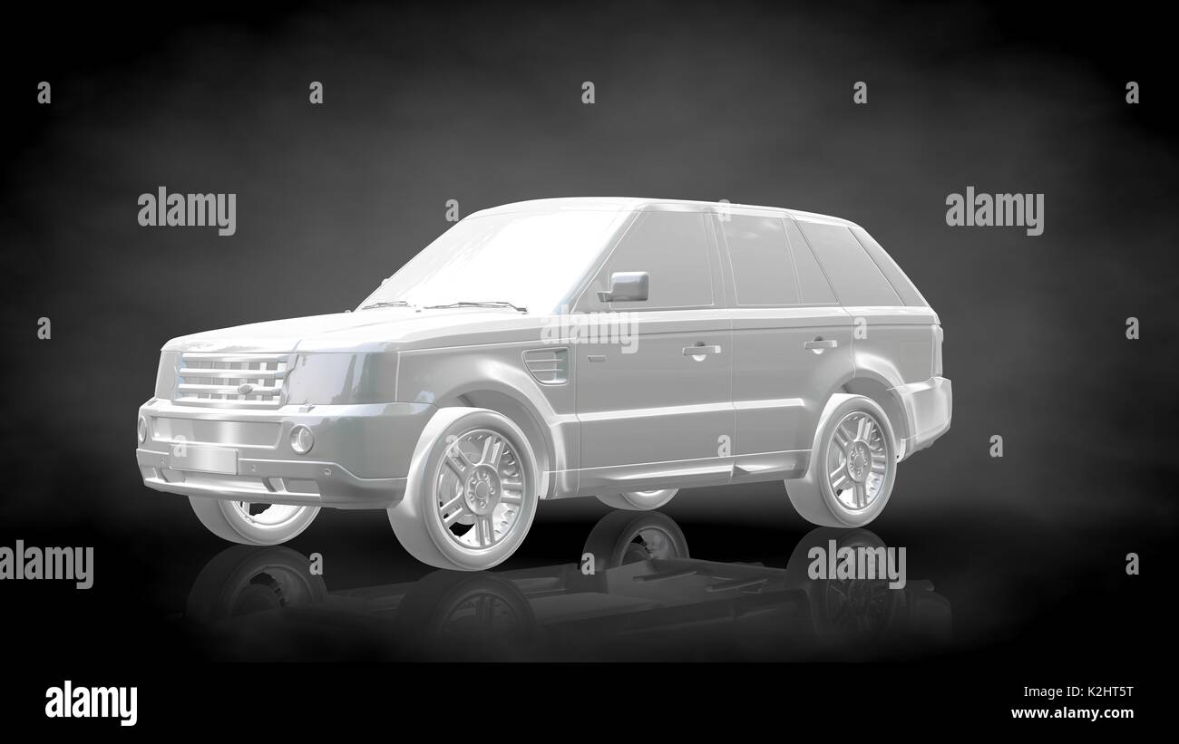 3d rendering of a white reflective car on a dark black background Stock ...