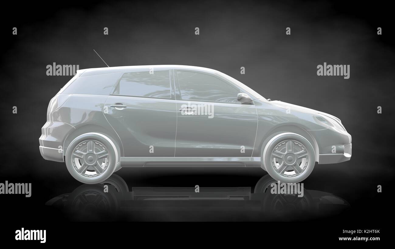 3d rendering of a white reflective car on a dark black background Stock ...