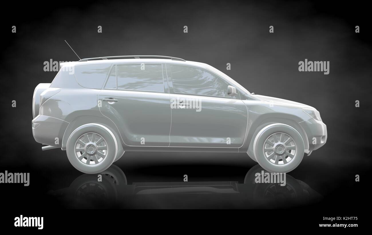 3d rendering of a white reflective car on a dark black background Stock ...