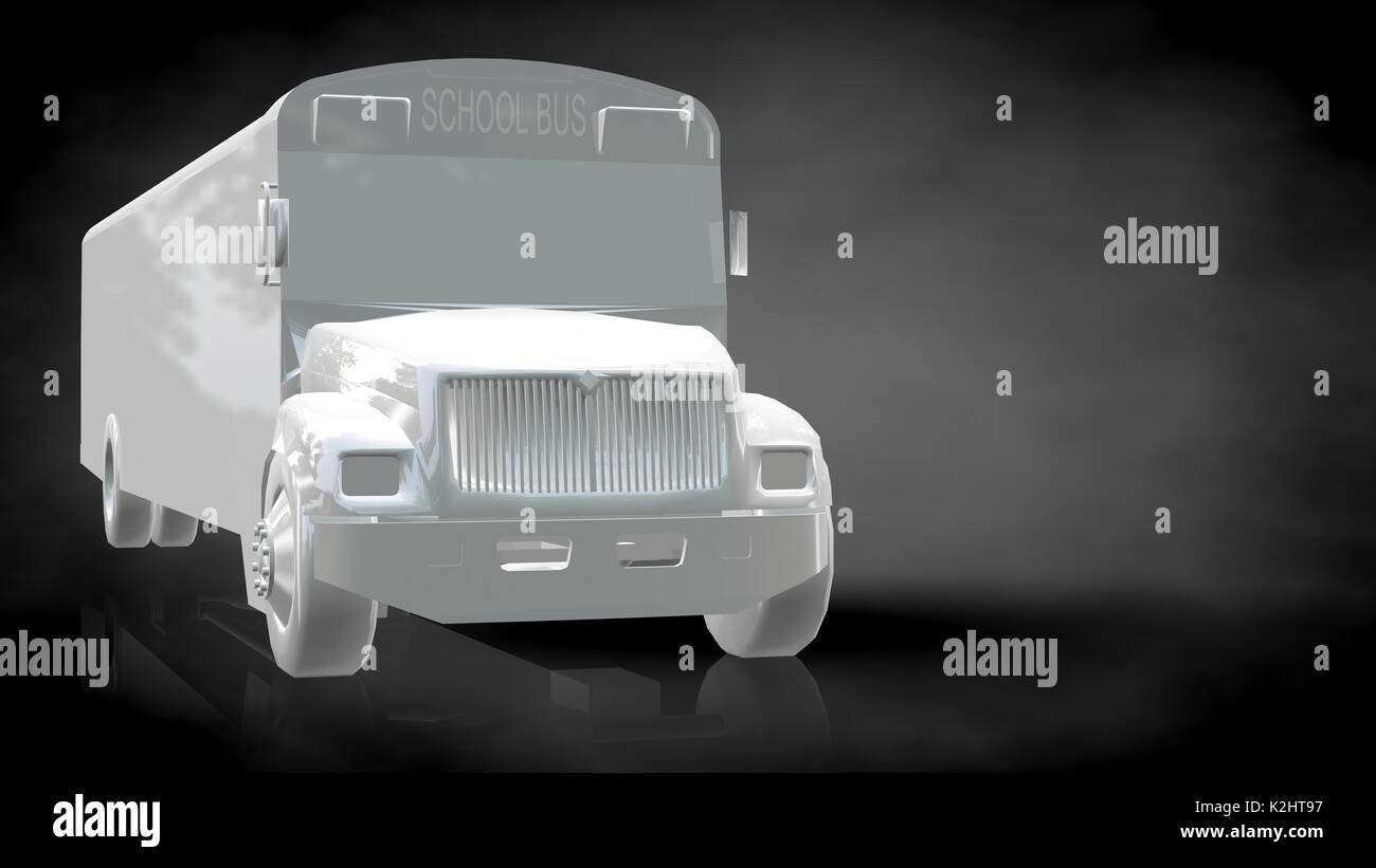 3d rendering of a reflective school bus on a dark black background ...