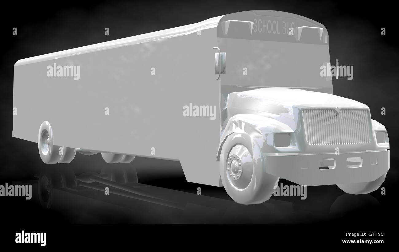 3d rendering of a reflective school bus on a dark black background ...