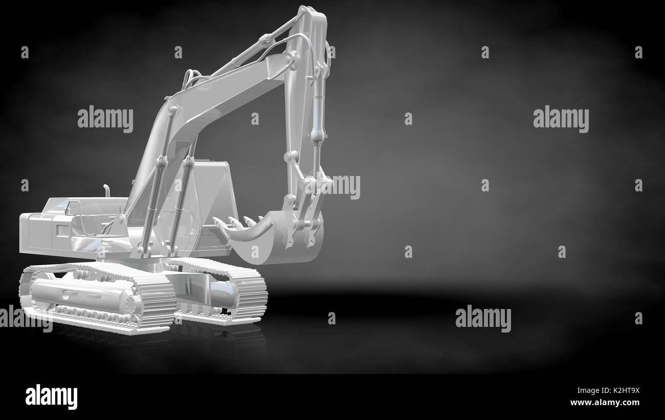 3d rendering of a reflective digger machine on a dark black background ...