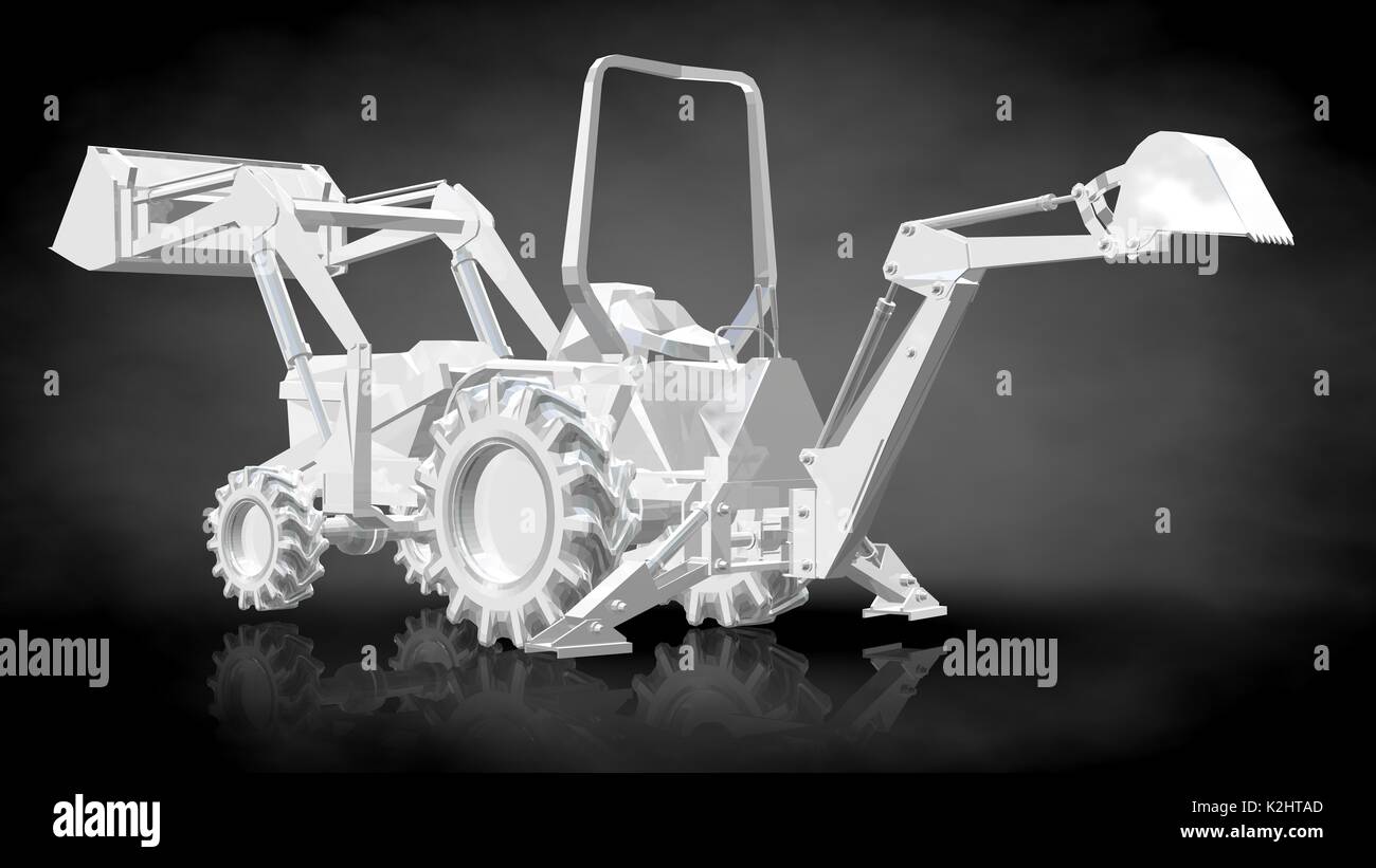 3d rendering of a reflective digger machine on a dark black background ...