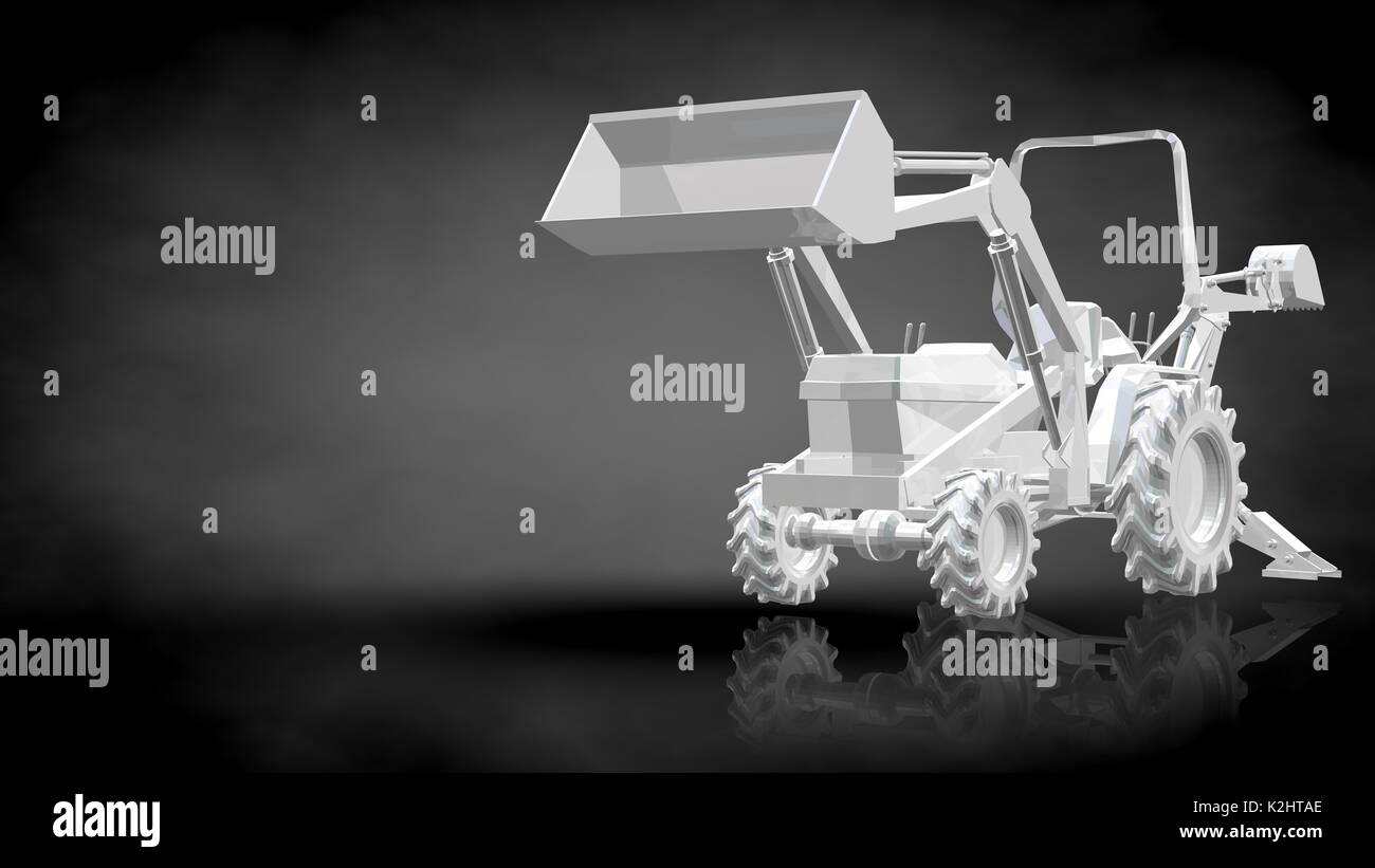3d rendering of a reflective digger machine on a dark black background ...