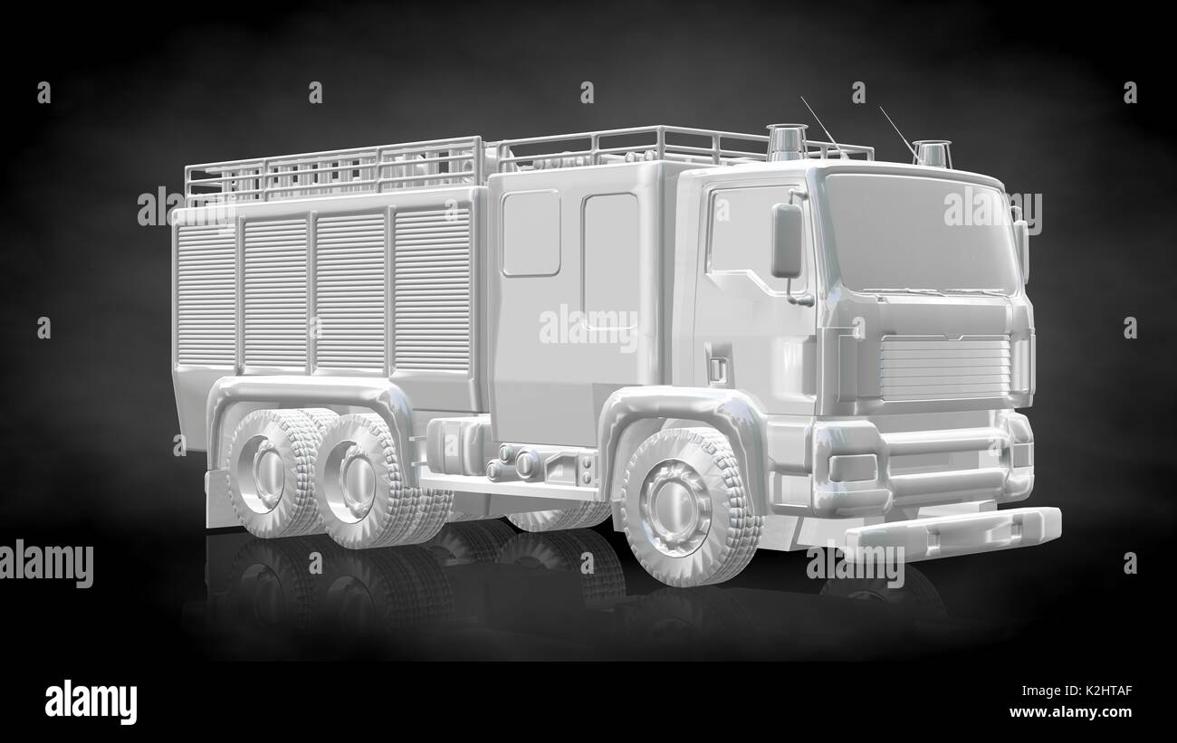 3d rendering of a reflective fire fighter car on a dark black ...
