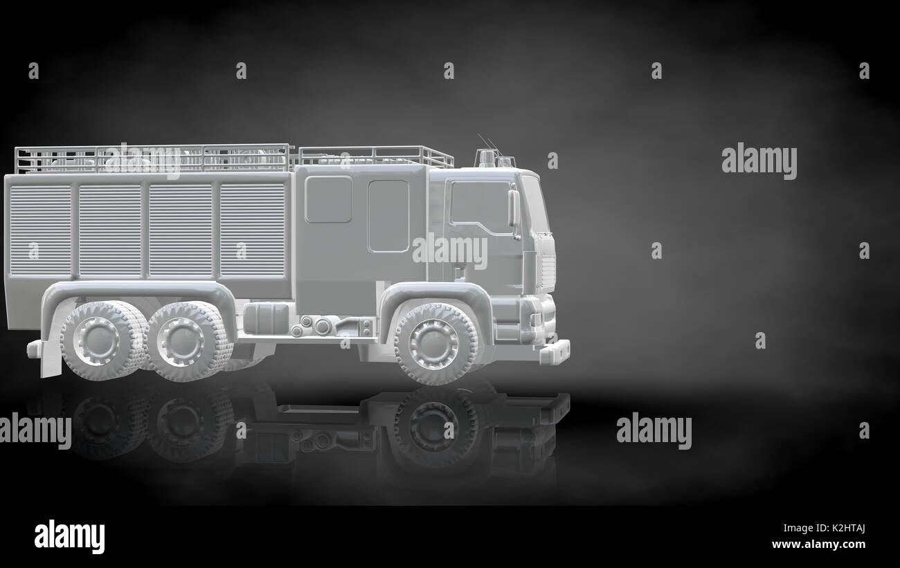 3d rendering of a reflective fire fighter car on a dark black ...